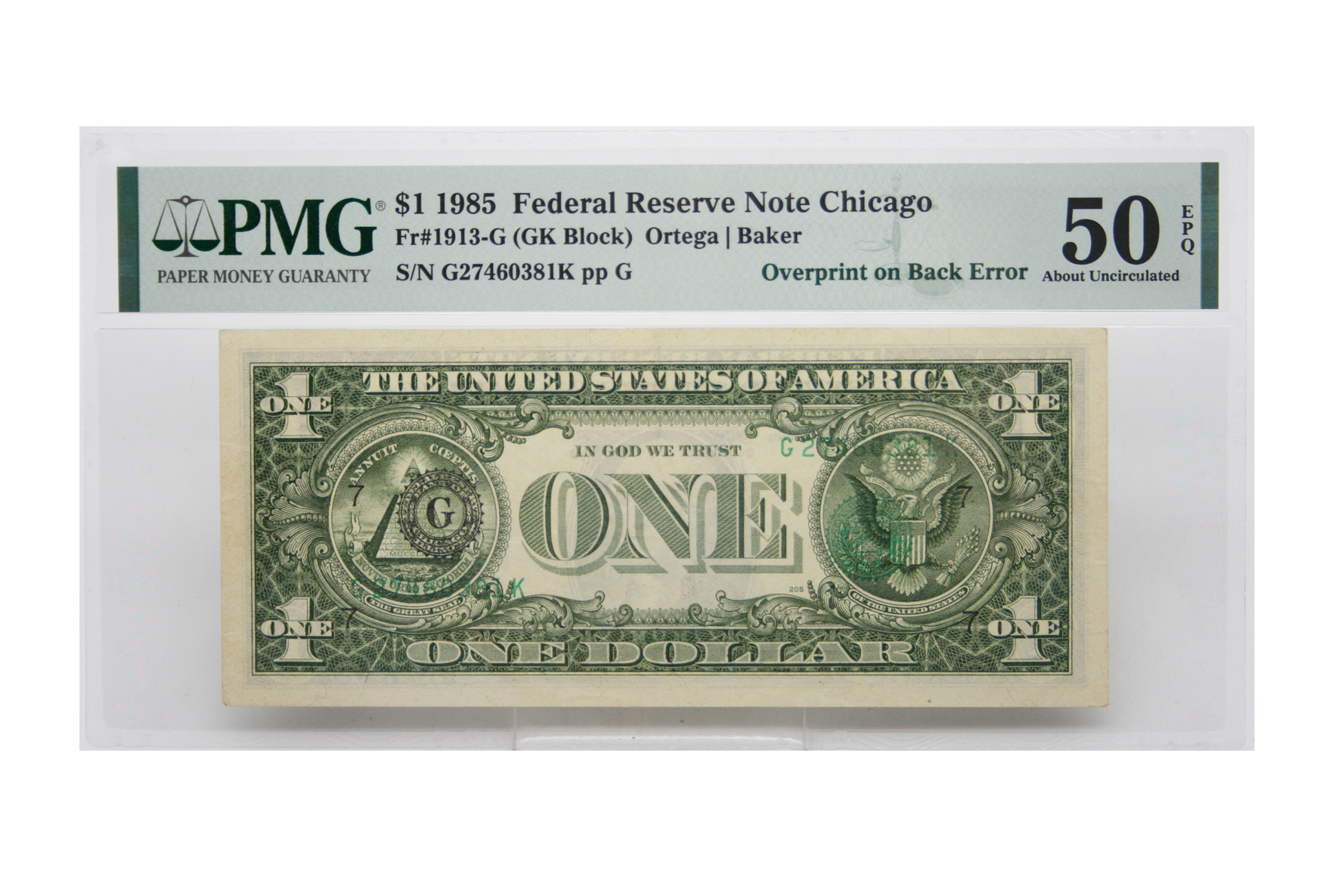 1985 $1 Federal Reserve Note Chicago Overprint on Back Error - PMG AU ...