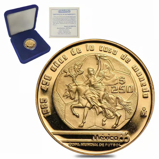 1985 Mexico 250 Pesos 1/4 oz Proof Gold World Cup Anniversary Coin (w ...